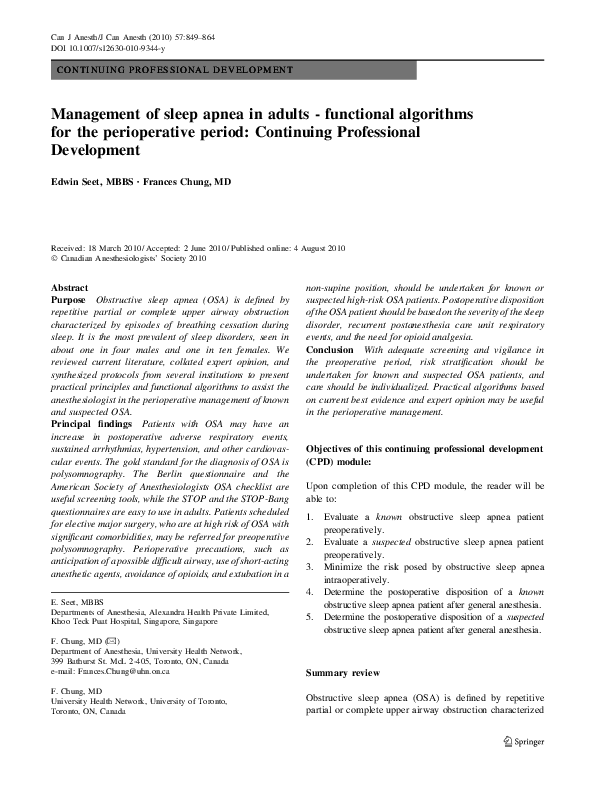 (PDF) Management of sleep apnea in adults - functional algorithms for the perioperative period ...