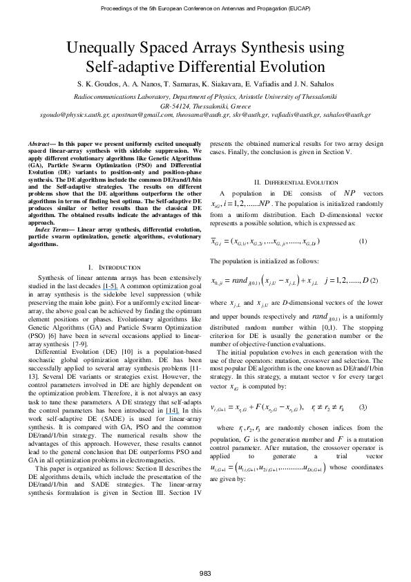 Pdf Unequally Spaced Arrays Synthesis Using Self Adaptive Differential Evolution