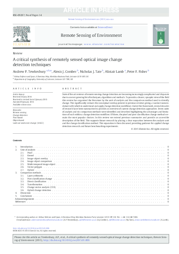 (PDF) A critical synthesis of remotely sensed optical image change detection techniques