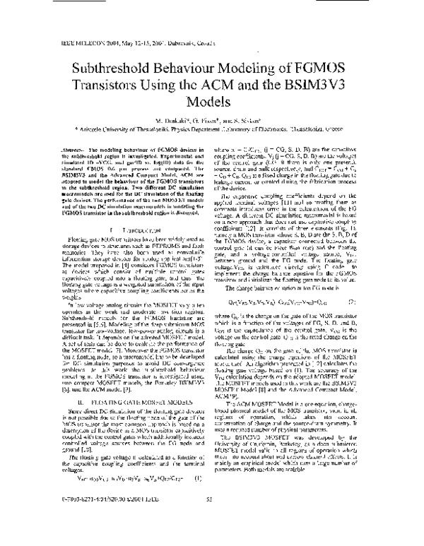 (PDF) Subthreshold behaviour modelling of FGMOS transistors using the ACM and the BSIM3V3 models