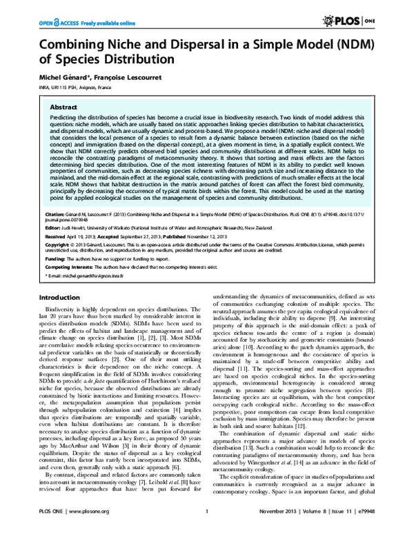 (PDF) Combining Niche and Dispersal in a Simple Model (NDM) of Species ...