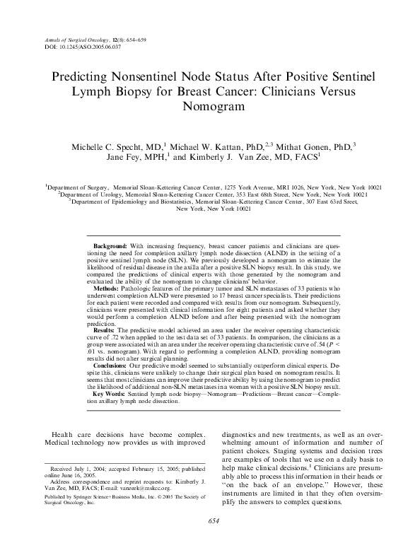 (PDF) Predicting Nonsentinel Node Status After Positive Sentinel Lymph Biopsy for Breast Cancer ...