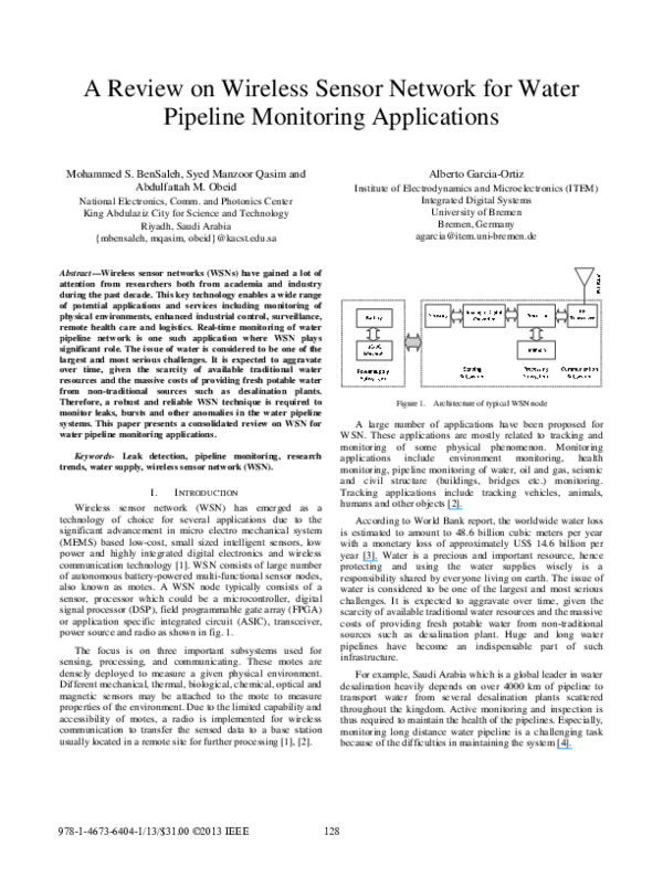 (PDF) A review on wireless sensor network for water pipeline monitoring applications