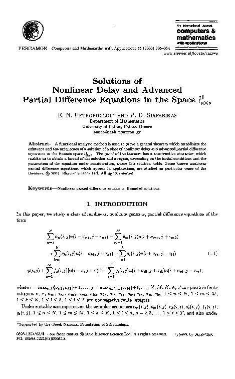 (PDF) Solutions of non-linear delay and advanced partial difference equations in the space $\ell ...