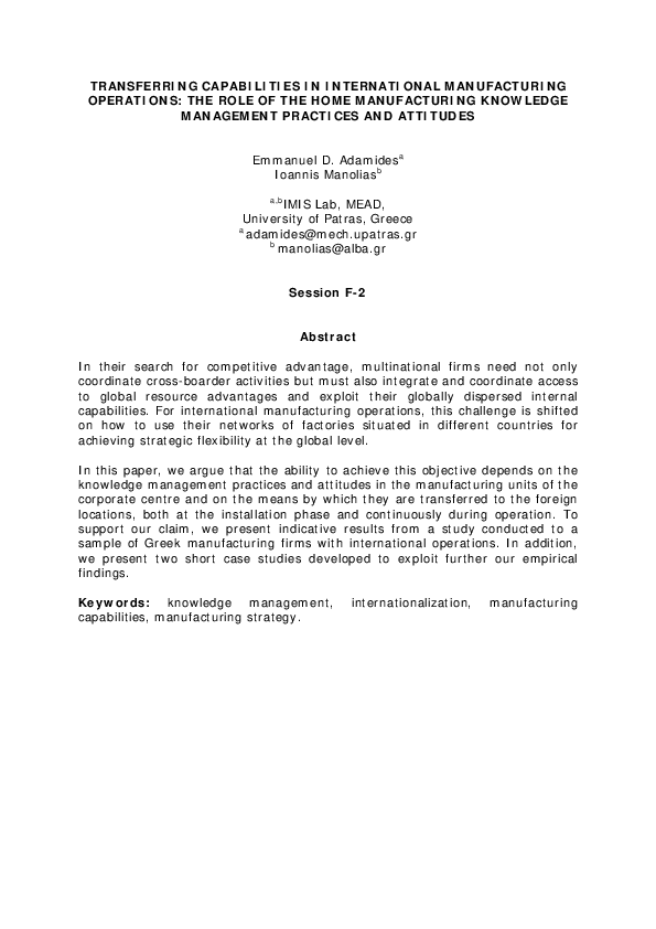 (PDF) Transferring capabilities in international manufacturing ...