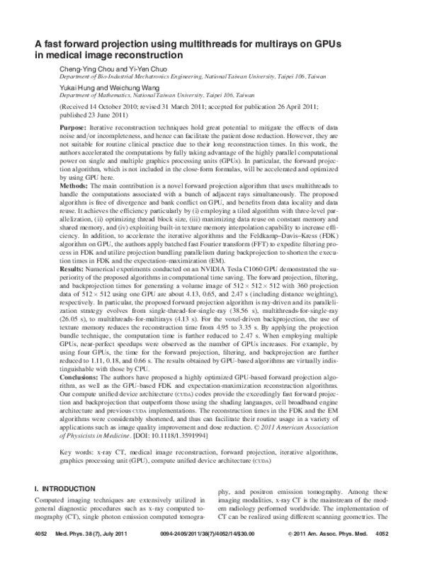 Pdf A Fast Forward Projection Using Multithreads For Multirays On Gpus In Medical Image