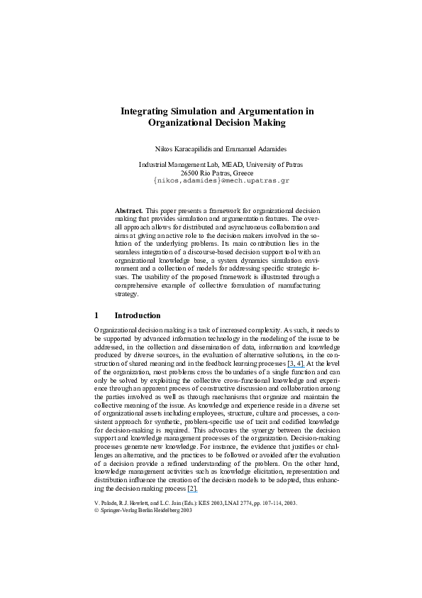 (PDF) Integrating Simulation and Argumentation in Organizational Decision Making