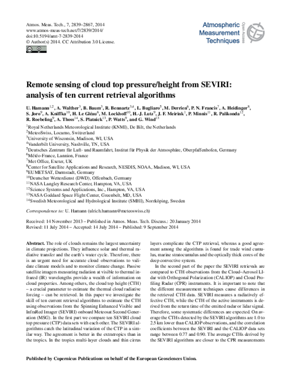 (PDF) Remote sensing of cloud top pressure/height from SEVIRI: analysis of ten current retrieval ...
