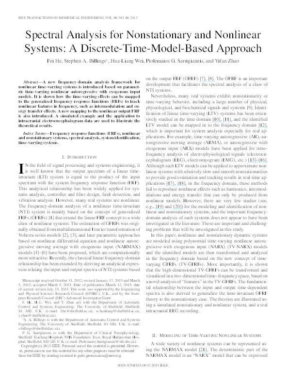 (PDF) Spectral Analysis for Nonstationary and Nonlinear Systems: A Discrete-Time-Model-Based ...