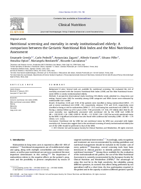 (PDF) Nutritional screening and mortality in newly institutionalised ...
