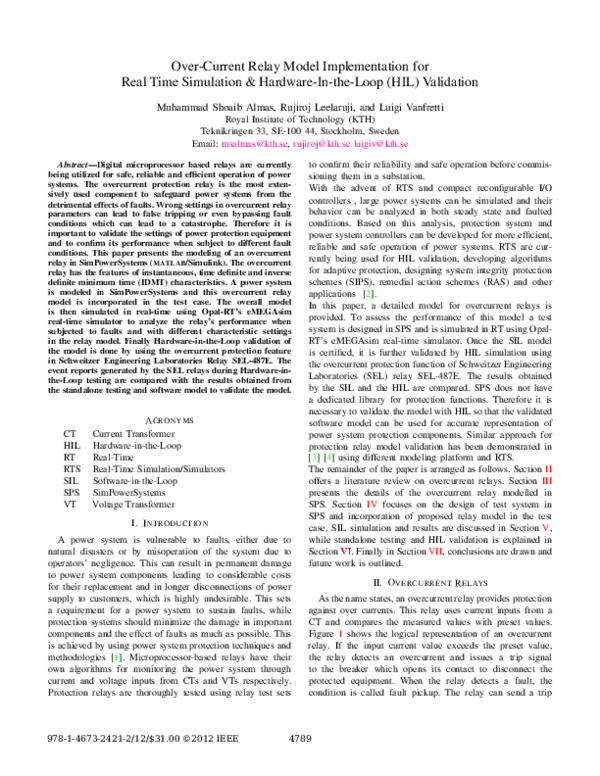 (PDF) Over-current relay model implementation for real time simulation & Hardware-in-the-Loop ...