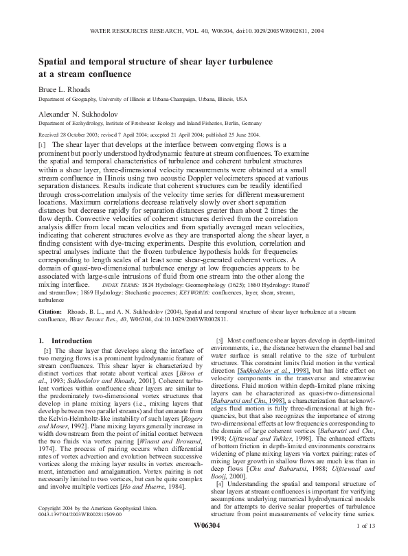 Pdf Spatial And Temporal Structure Of Shear Layer Turbulence At A Stream Confluence