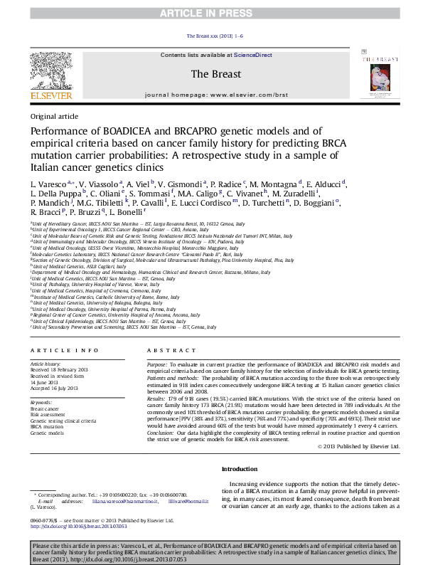 (PDF) Performance of BOADICEA and BRCAPRO genetic models and of ...