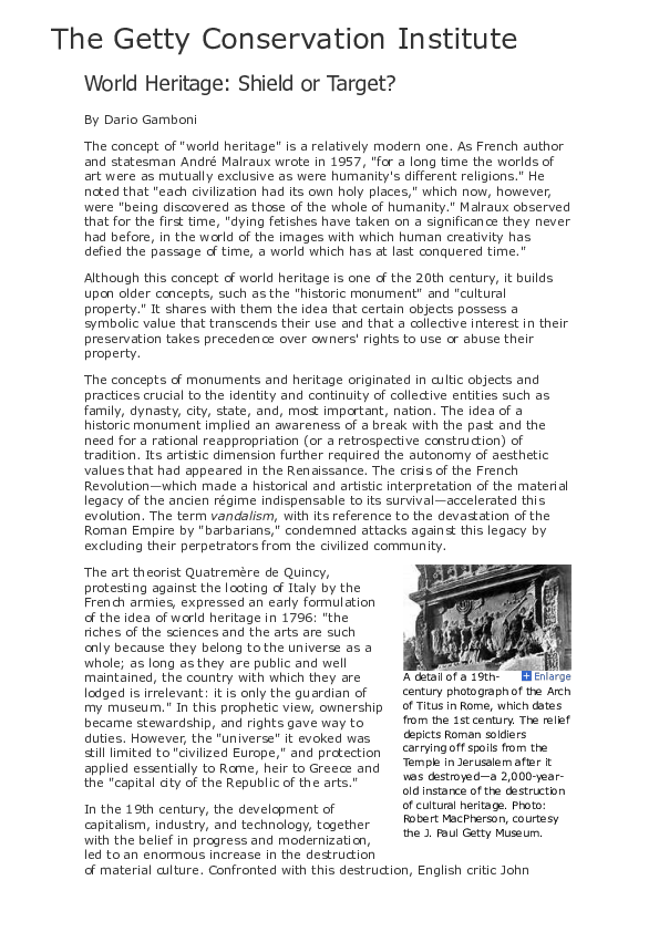 (PDF) “World Heritage: Shield or Target?”, Conservation: The Getty Conservation Institute ...