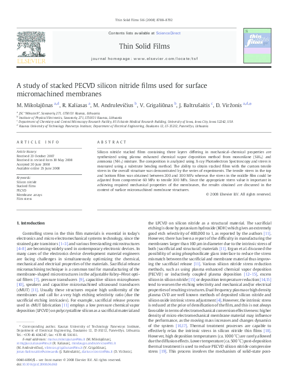 (PDF) A study of stacked PECVD silicon nitride films used for surface micromachined membranes