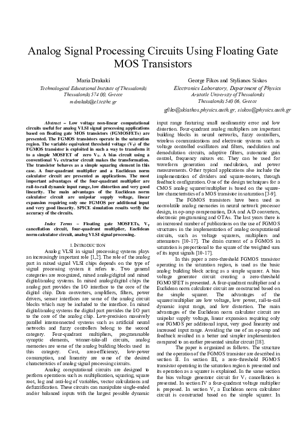 Pdf Analog Signal Processing Circuits Using Floating Gate Mos Transistors