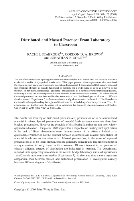 (PDF) Distributed and massed practice: From laboratory to classroom