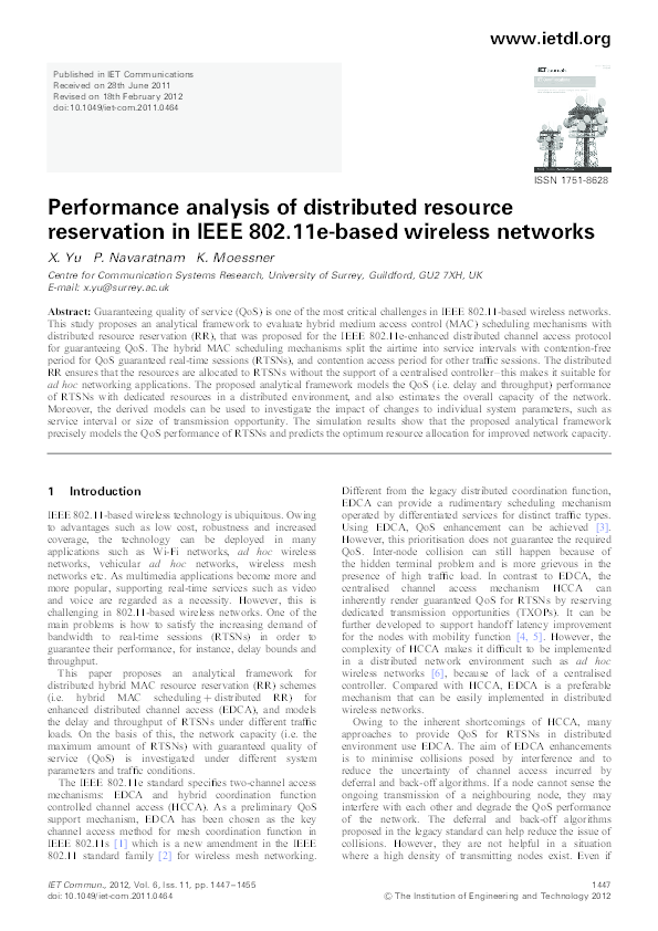 Pdf Performance Analysis Of Distributed Resource Reservation In Ieee 80211e Based Wireless