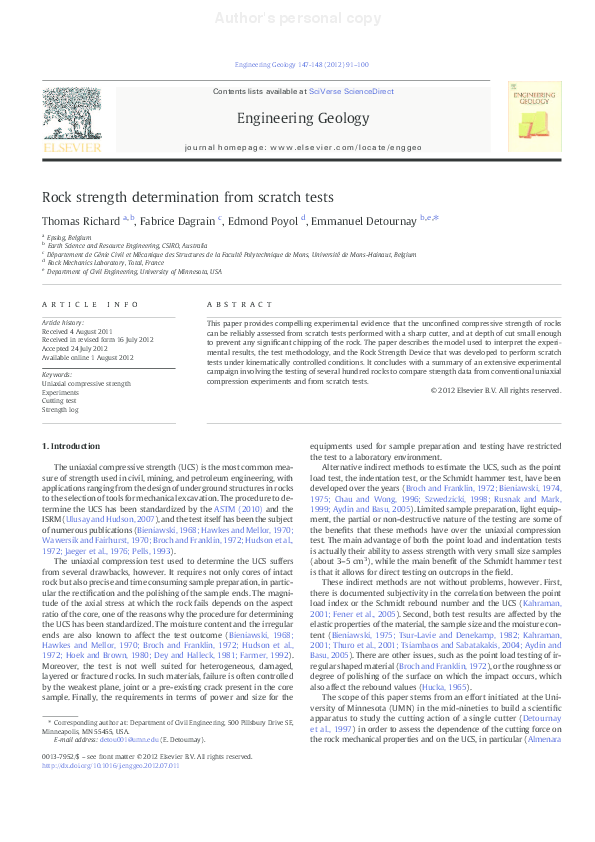 (PDF) Rock strength determination from scratch tests