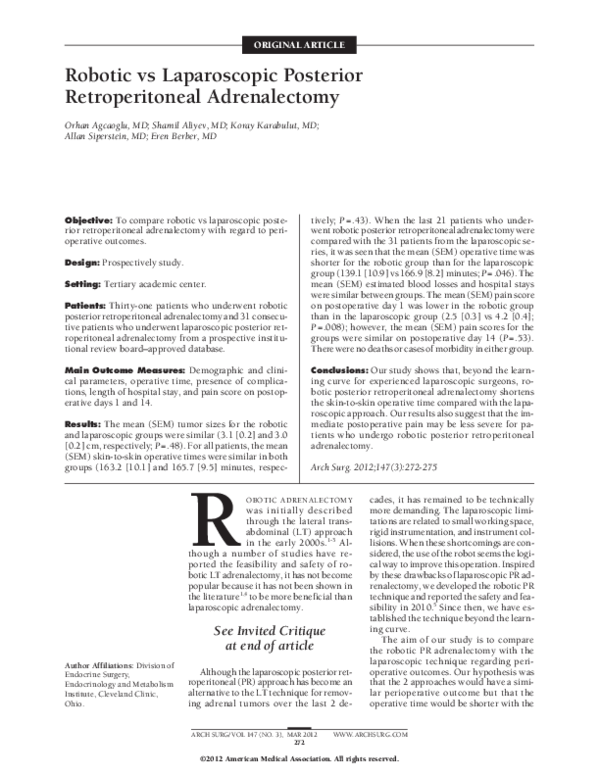 (PDF) Robotic vs Laparoscopic Posterior Retroperitoneal Adrenalectomy | Shamil Aliyev - Academia.edu