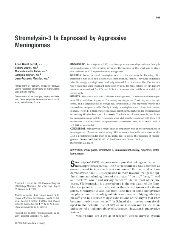(PDF) Stromelysin-3 Expression in Aggressive Meningiomas