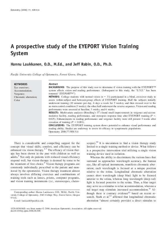 (PDF) A prospective study of the EYEPORT vision training system