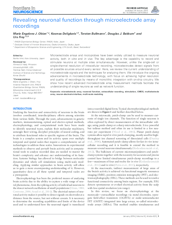 (PDF) Revealing neuronal function through microelectrode array recordings