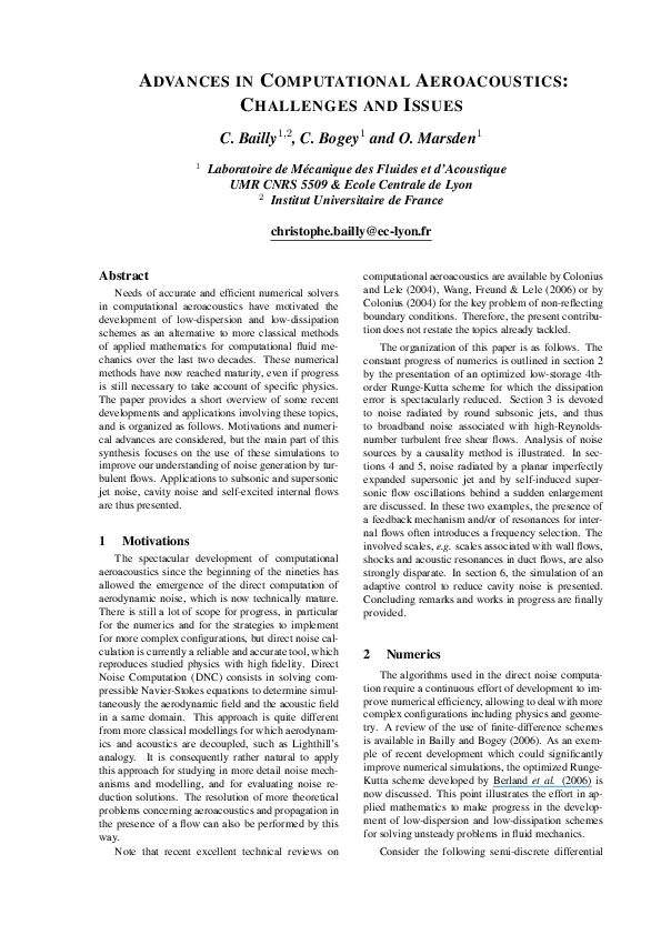 (PDF) Advances in computational aeroacoustics: challenges and issues
