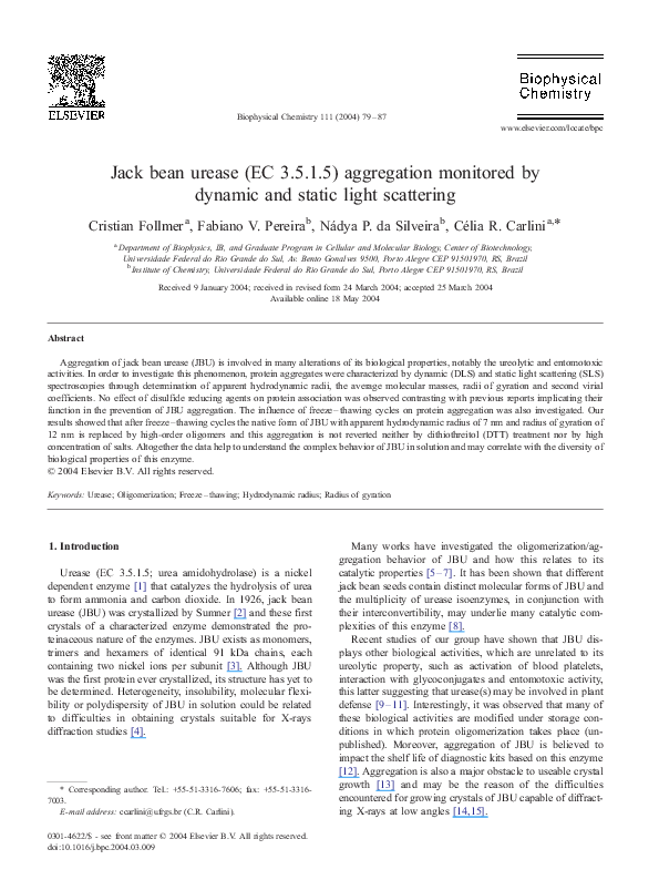 (PDF) Jack bean urease (EC 3.5.1.5) aggregation monitored by dynamic ...