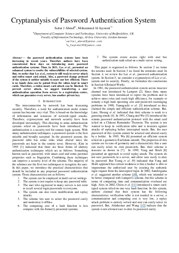 (PDF) Cryptanalysis of password authentication system
