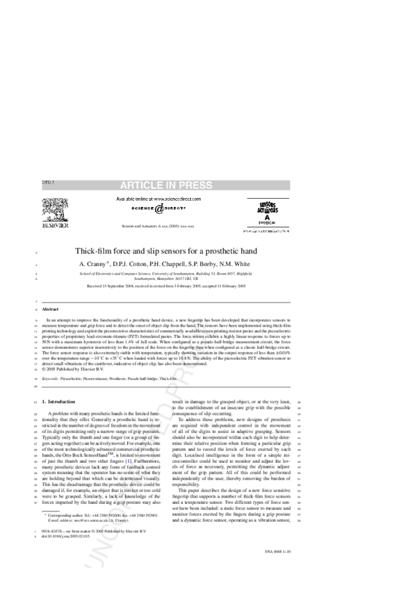 Pdf Thick Film Force And Slip Sensors For A Prosthetic Hand