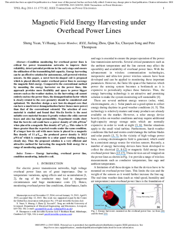 (PDF) Magnetic Field Energy Harvesting Under Overhead Power Lines