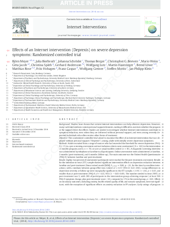(PDF) Effects of an Internet intervention (Deprexis) on severe depression symptoms: Randomized ...