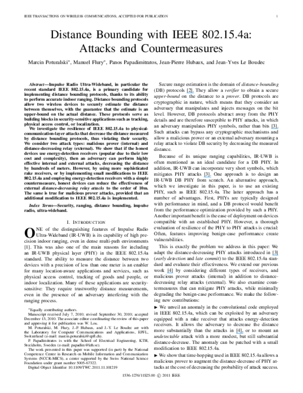 (PDF) Distance Bounding with IEEE 802.15.4a: Attacks and Countermeasures