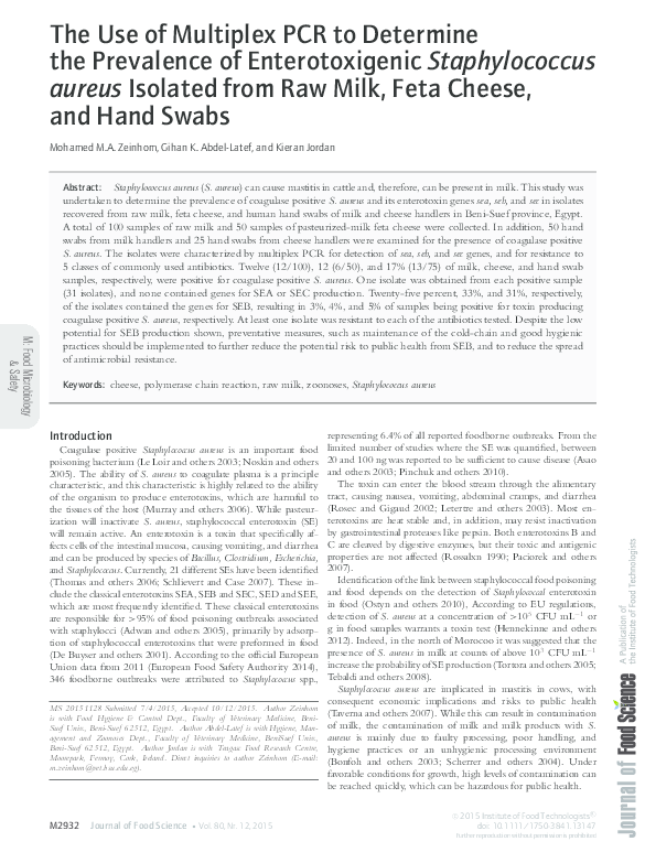 (PDF) The Use of Multiplex PCR to Determine the Prevalence of Enterotoxigenic Staphylococcus ...
