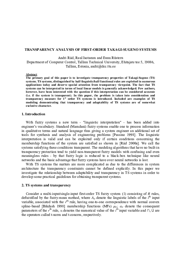 Pdf Transparency Analysis Of First Order Takagi Sugeno Systems