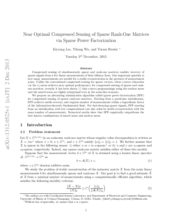(PDF) Near Optimal Compressed Sensing of Sparse Rank-One Matrices via Sparse Power Factorization