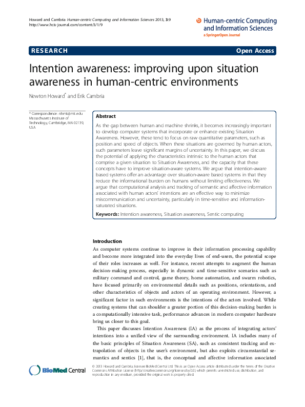 (PDF) Intention awareness: improving upon situation awareness in human ...