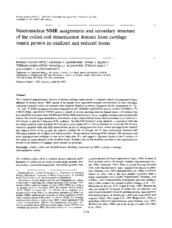 (PDF) Heteronuclear NMR assignments and secondary structure of the coiled coil trimerization ...
