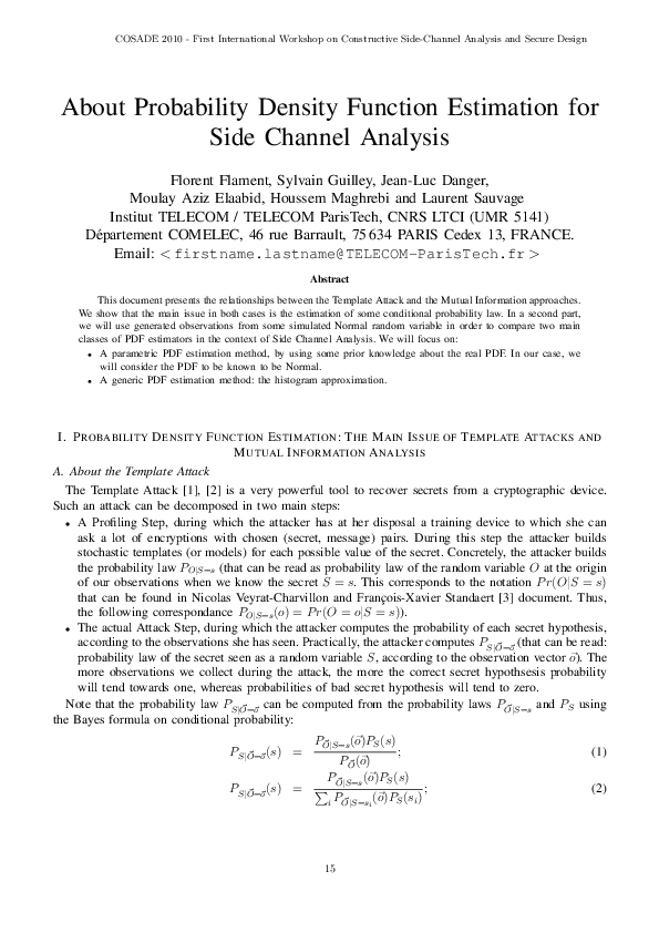 (PDF) About Probability Density Function Estimation for Side Channel Analysis