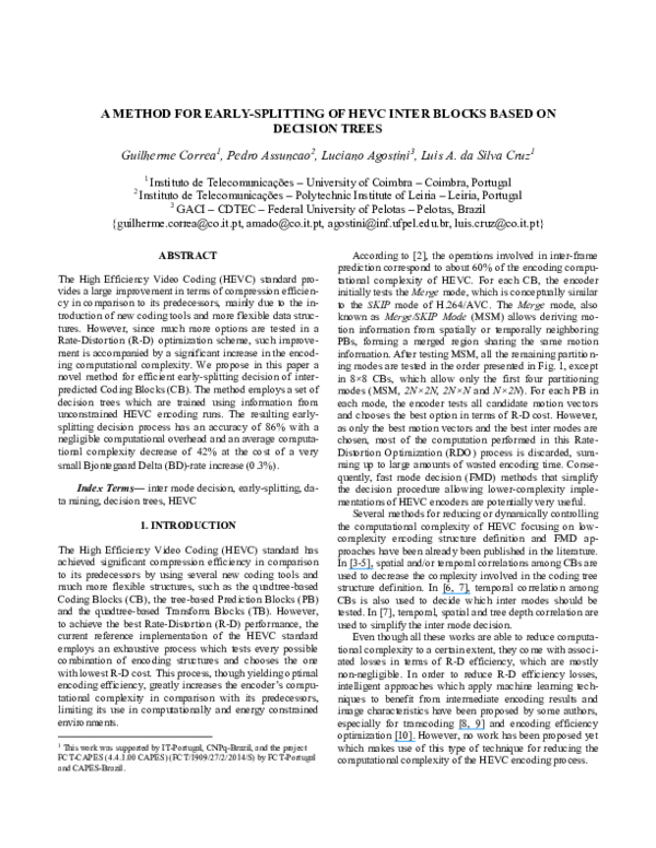 Pdf A Method For Early Splitting Of Hevc Inter Blocks Based On Decision Trees