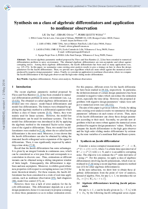 (PDF) Synthesis on a class of algebraic differentiators and application to nonlinear observation