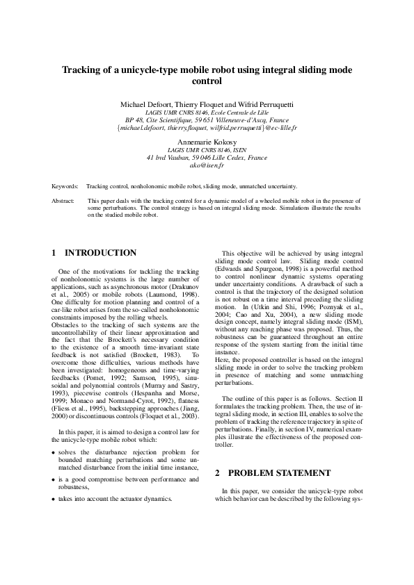 Pdf Tracking Of A Unicycle Type Mobile Robot Using Integral Sliding Mode Control