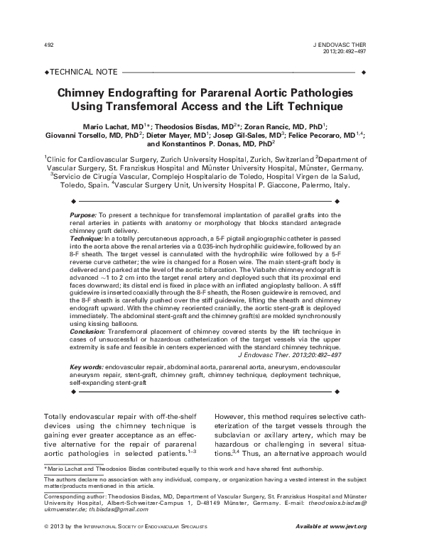 (PDF) Chimney Endografting for Pararenal Aortic Pathologies Using ...