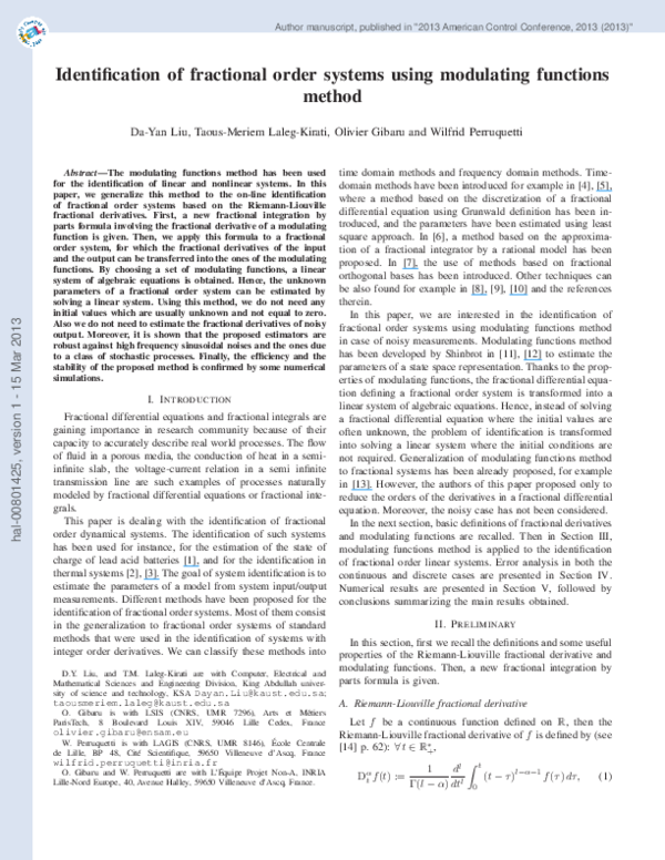 Pdf Identification Of Fractional Order Systems Using Modulating
