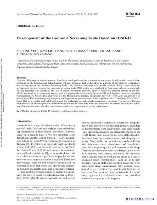 Development of the Insomnia Screening Scale Based on ICSD-II