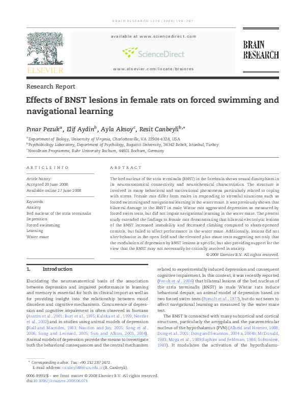(PDF) Effects of BNST lesions in female rats on forced swimming and ...