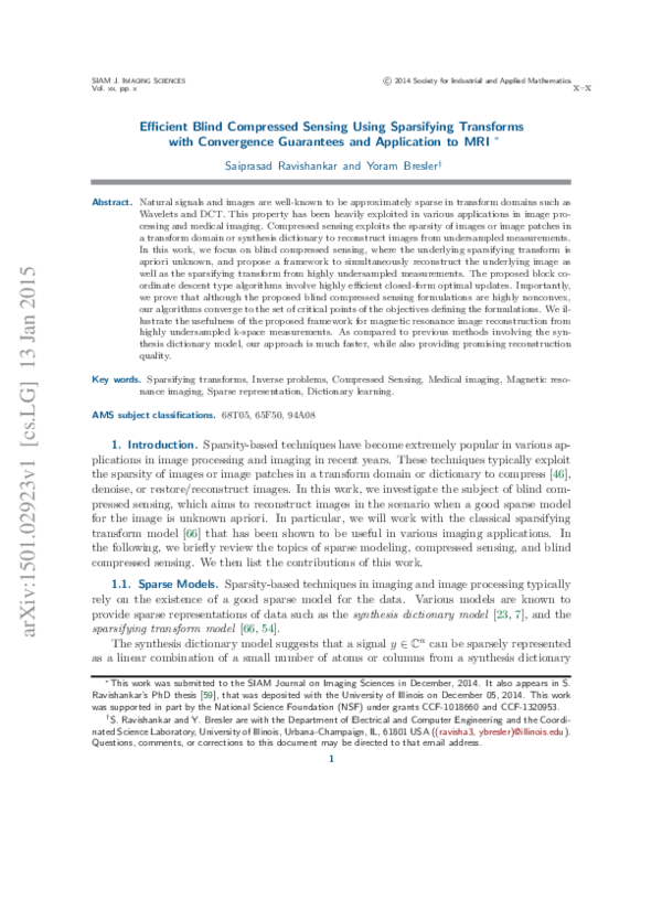 (PDF) Efficient Blind Compressed Sensing Using Sparsifying Transforms with Convergence ...