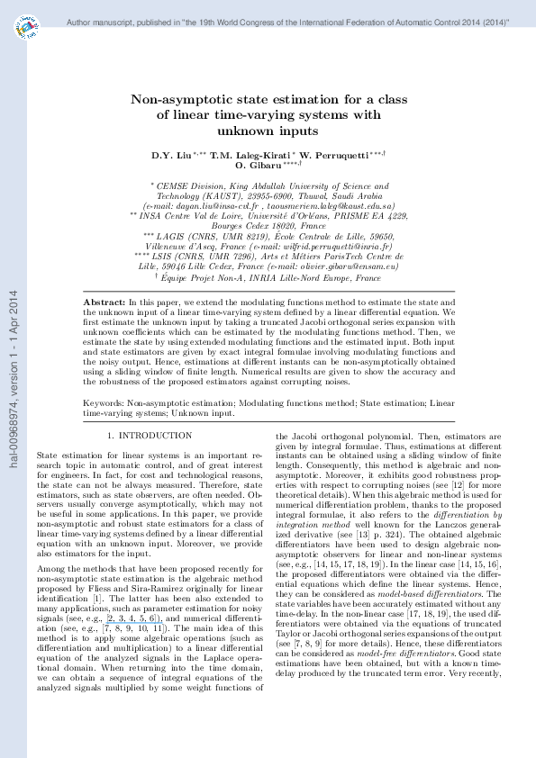 Pdf Non Asymptotic State Estimation For A Class Of Linear Time Varying Systems With Unknown Inputs