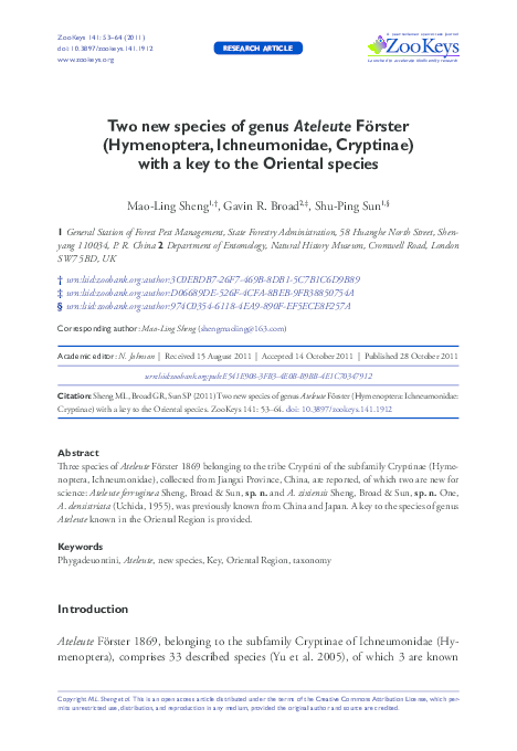 (PDF) Two new species of genus Ateleute Förster (Hymenoptera ...